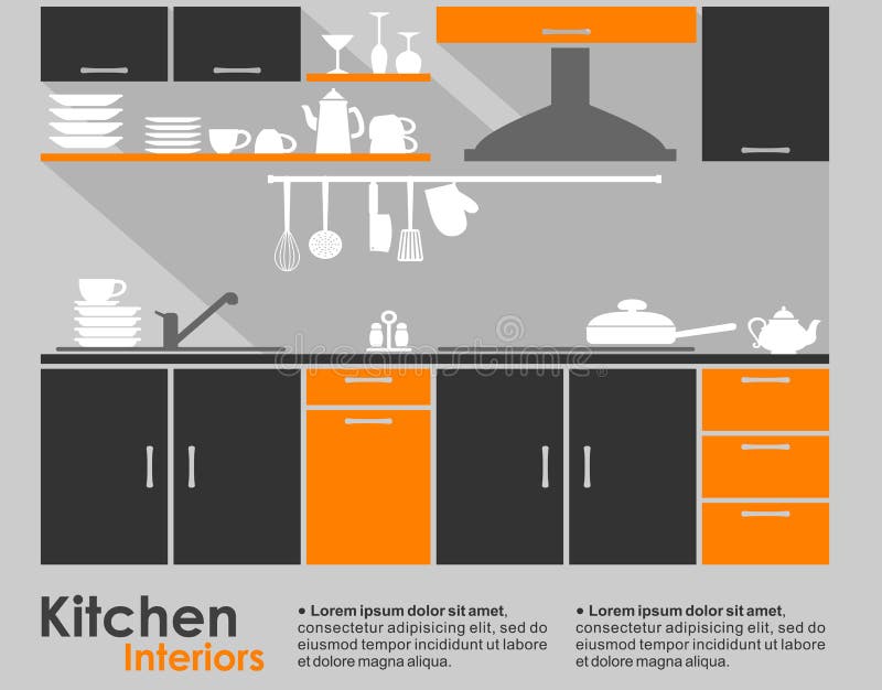 Kitchen Interior Flat Design Stock Vector - Illustration of cupboard ...
