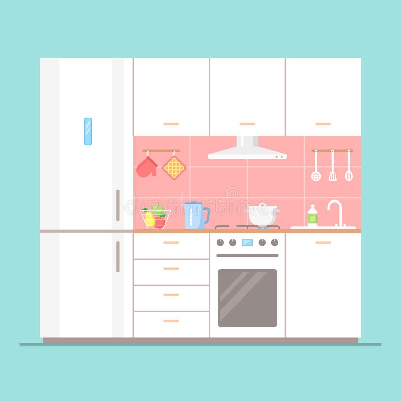 Kitchen Interior with Furniture Vector Flat Design Modern Illustration ...
