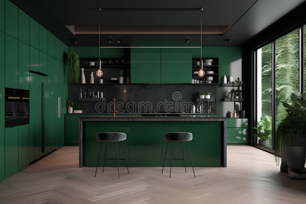 Kitchen Interior in Green Colors in Modern House Stock Illustration ...