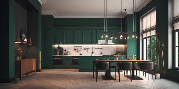 Kitchen Interior in Green Colors in Modern House Stock Illustration ...