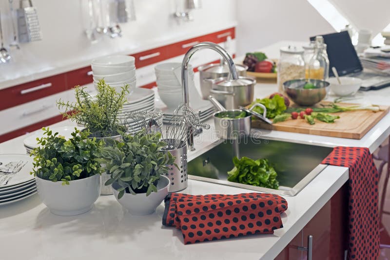 Kitchen Interior with Green and Red Colors Stock Photo - Image of green ...