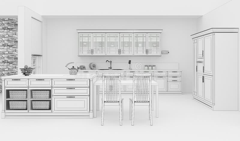 Kitchen Interior Grid 3D Rendering Stock Illustration - Illustration of ...