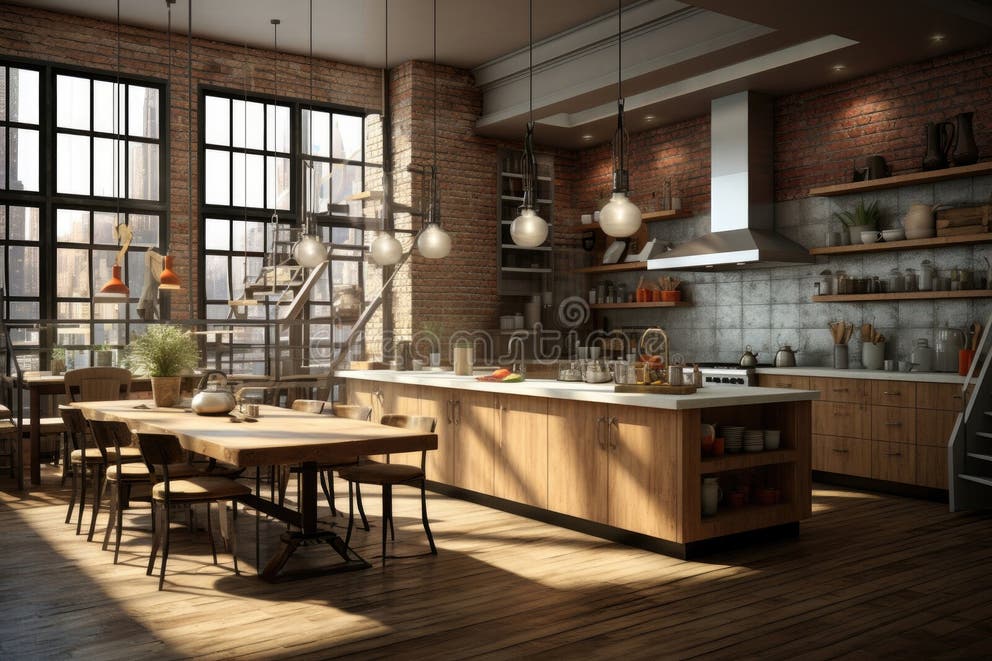 Kitchen Interior with High Table and Extractor Hood Stock Illustration ...