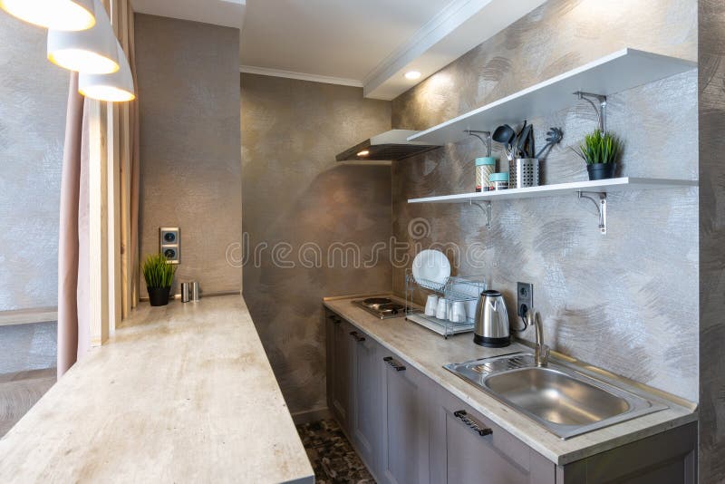 Kitchen Interior in a Hotel Room Stock Image - Image of interior ...