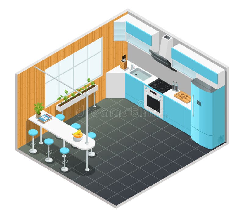 Kitchen Interior Isometric Illustration Stock Vector - Illustration of ...
