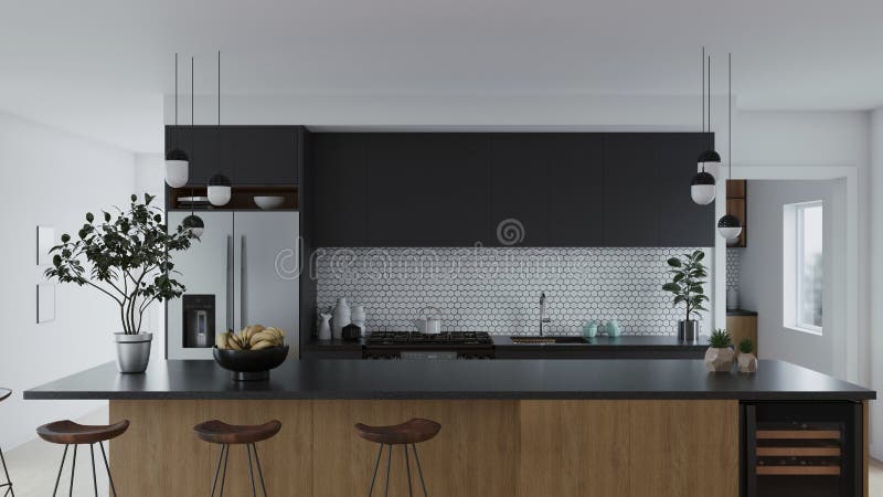 Kitchen Interior with Large Refrigerator and Plants. 3d Visualization ...