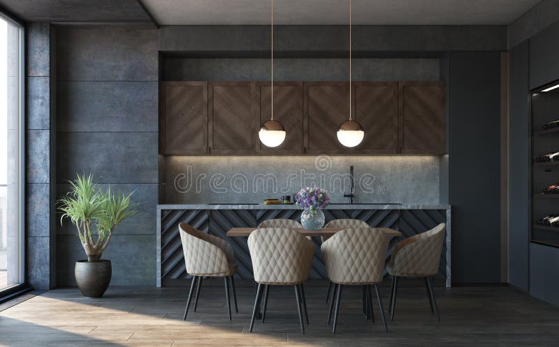 Kitchen Interior in Loft, Industrial Style Stock Illustration ...