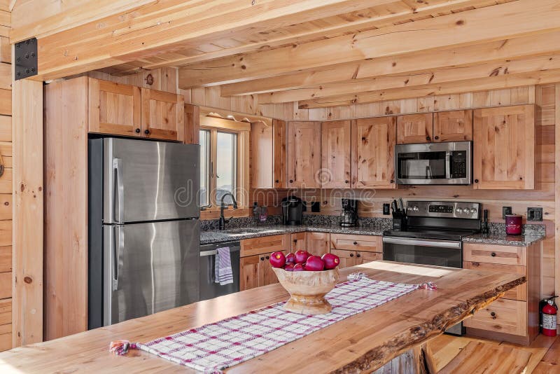 Kitchen Interior of Log Cabin in Mountains Stock Image - Image of home ...