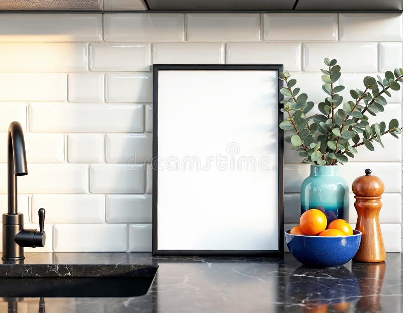 Kitchen Interior Mockup with Blank Frame and Sunny Atmosphere Stock ...