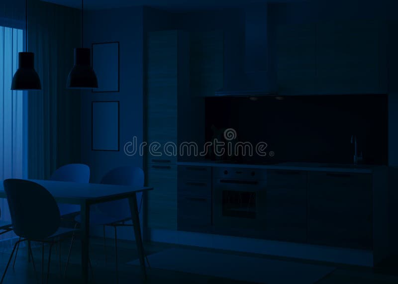 Kitchen Interior in a Modern Style. Night. Evening Lighting Stock ...