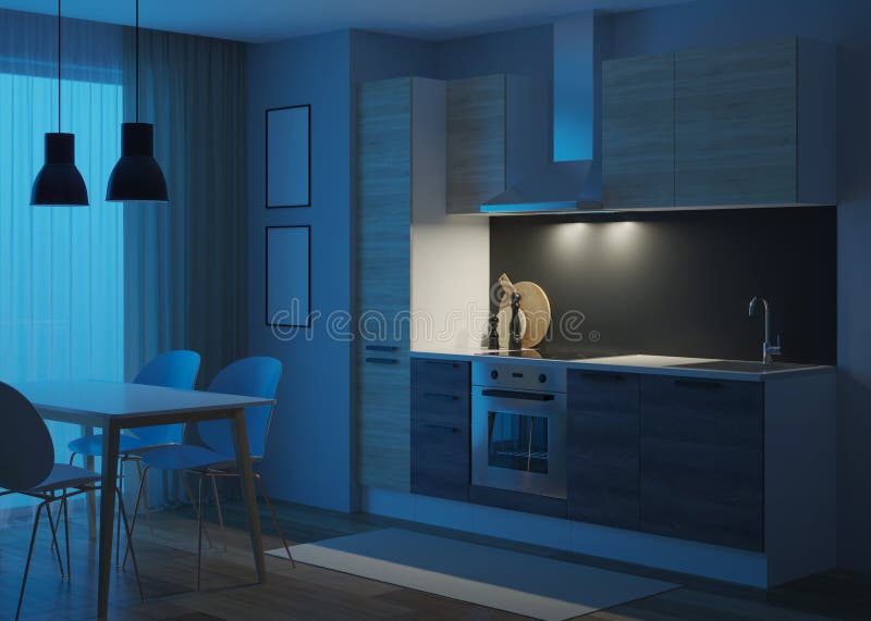 Kitchen Interior in a Modern Style. Night. Evening Lighting Stock ...