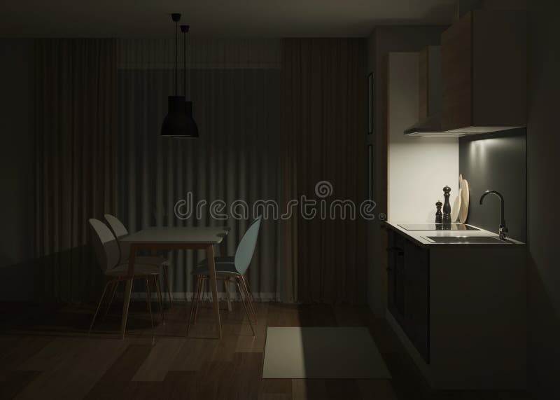 Kitchen Interior in a Modern Style. Night. Evening Lighting Stock ...