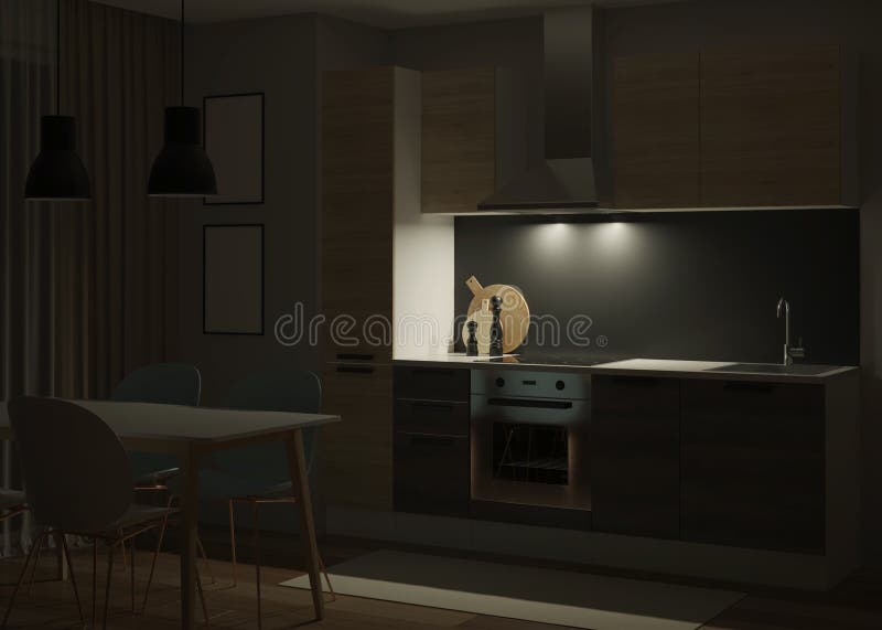 Kitchen Interior in a Modern Style. Night. Evening Lighting Stock ...