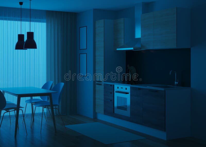 Kitchen Interior in a Modern Style. Night. Evening Lighting Stock ...
