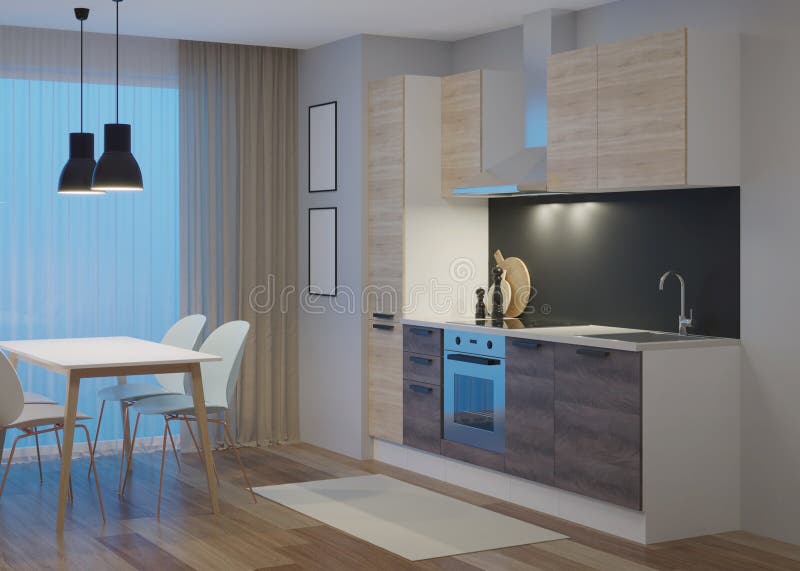 Kitchen Interior in a Modern Style. Night. Evening Lighting Stock ...