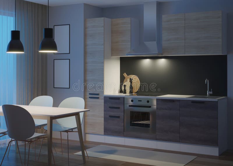 Kitchen Interior in a Modern Style. Night. Evening Lighting Stock ...