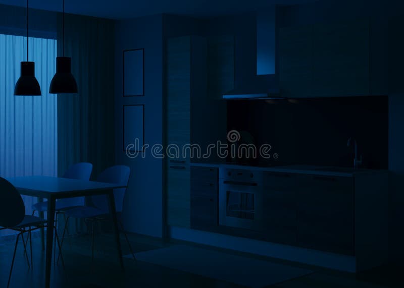Kitchen Interior in a Modern Style. Night. Evening Lighting Stock ...