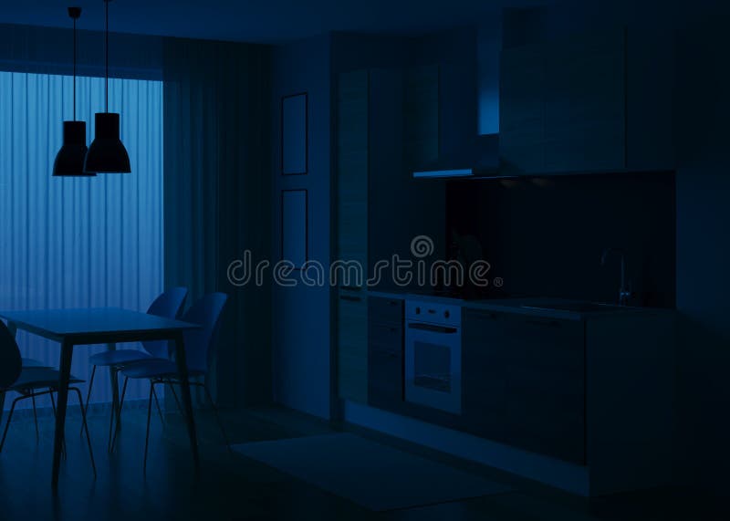 Kitchen Interior in a Modern Style. Night. Evening Lighting Stock ...