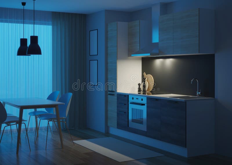 Kitchen Interior in a Modern Style. Night. Evening Lighting Stock ...