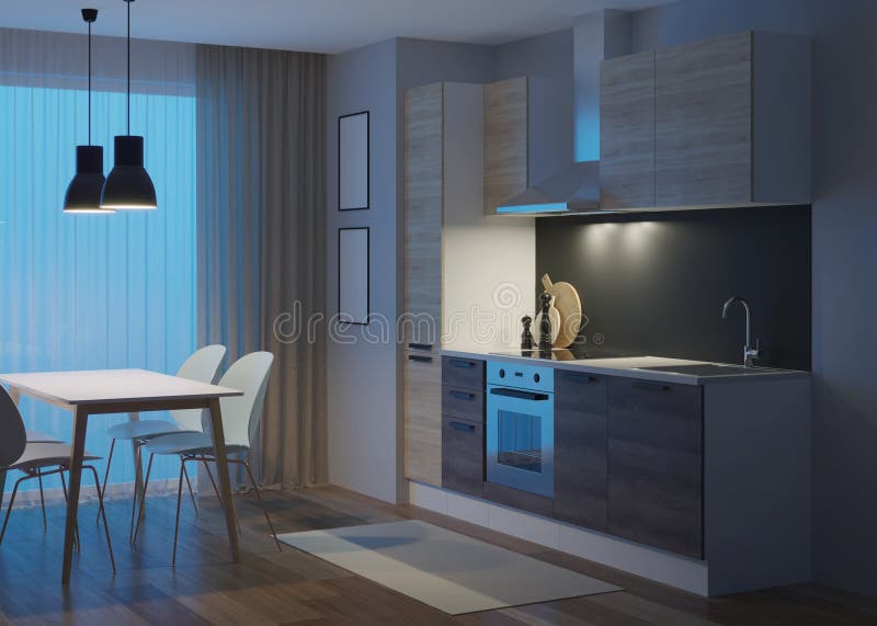 Evening Kitchen Interior. Vector Illustration. Stock Vector ...