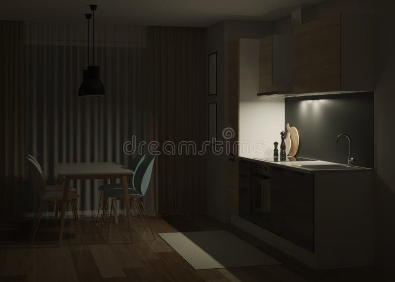 Kitchen Interior in a Modern Style. Night. Evening Lighting Stock ...