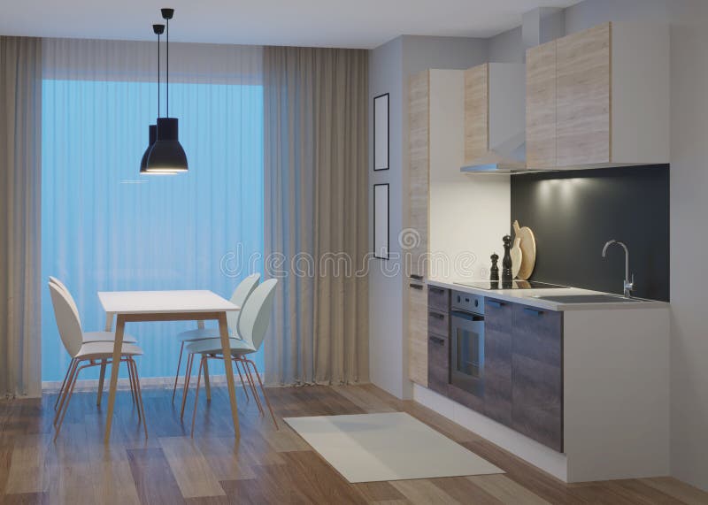 Kitchen Interior in a Modern Style. Night. Evening Lighting Stock ...