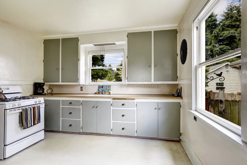 White Simple Old Kitchen Interior in American Historical House. Stock ...
