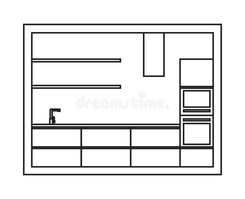 Kitchen Interior Plan. Modern Kitchen Furniture Made in Line Art Style ...