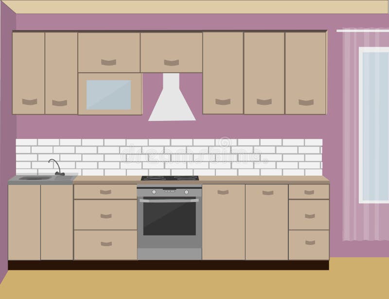 Kitchen Interior with Purple Wall Stock Vector - Illustration of ...