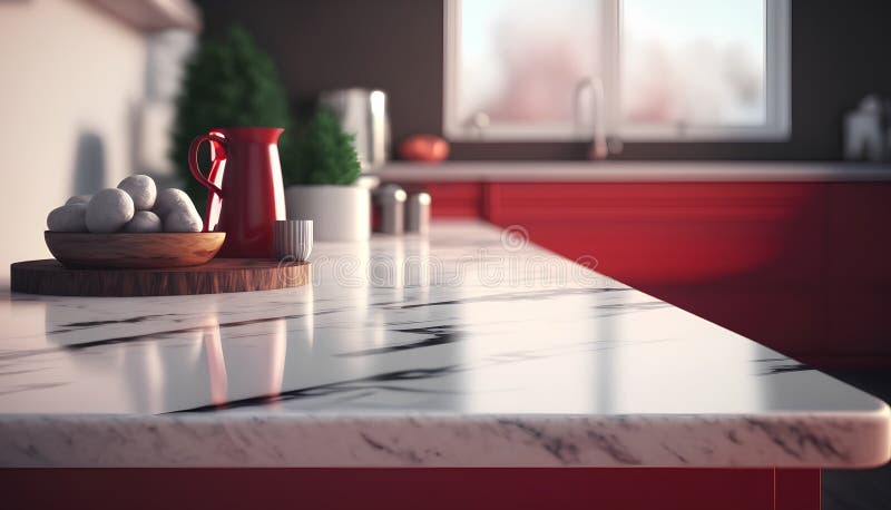 Kitchen Interior with Red and White Marble Countertop. 3d Render Stock ...