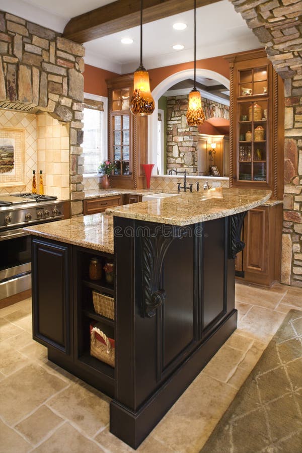 Kitchen Interior with Stone Accents in Affluent Ho Stock Photo - Image ...