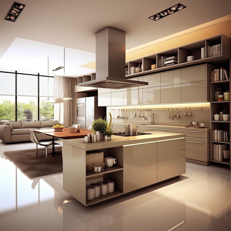 Kitchen Interior with Stools at Kitchen Island,Modern Home Kitchen ...