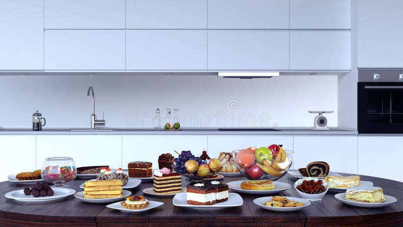 Kitchen Interior with a Table Full of Food Stock Illustration ...