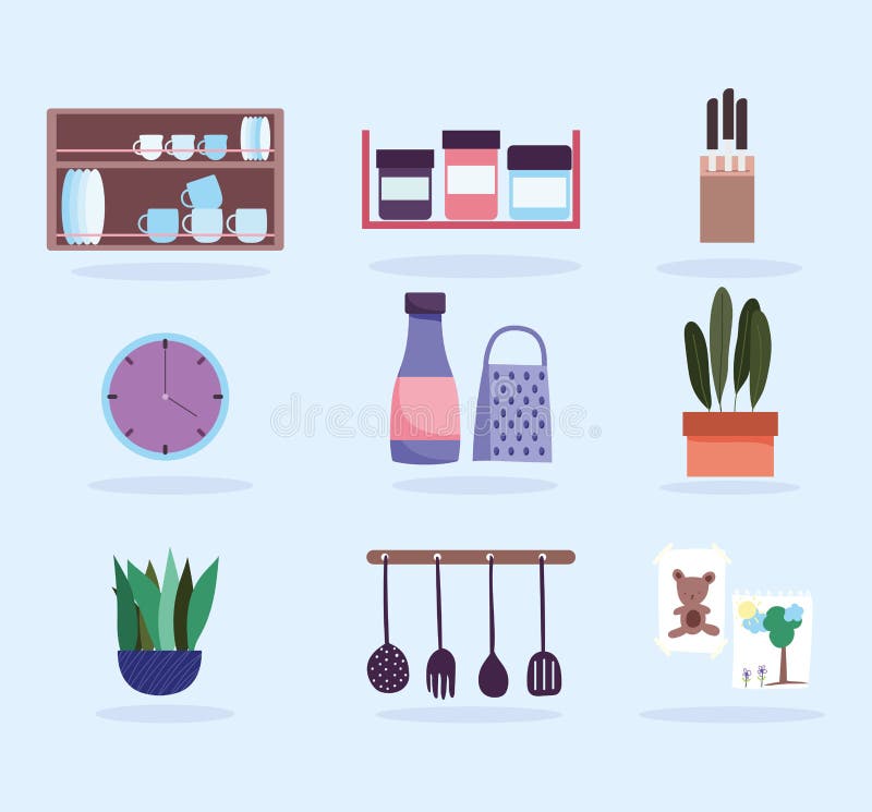 Kitchen Interior Utensils Products Tableware and Plants Icons Stock ...