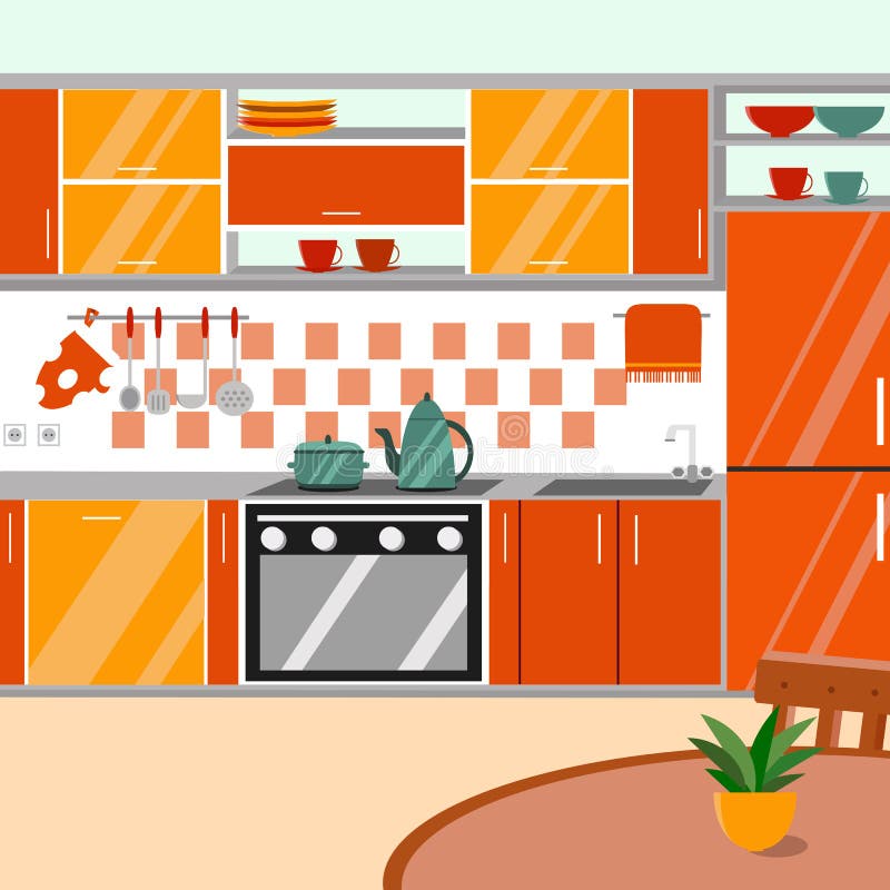 Kitchen Interior Vector Illustration. Cartoon Flat Style Stock Vector ...