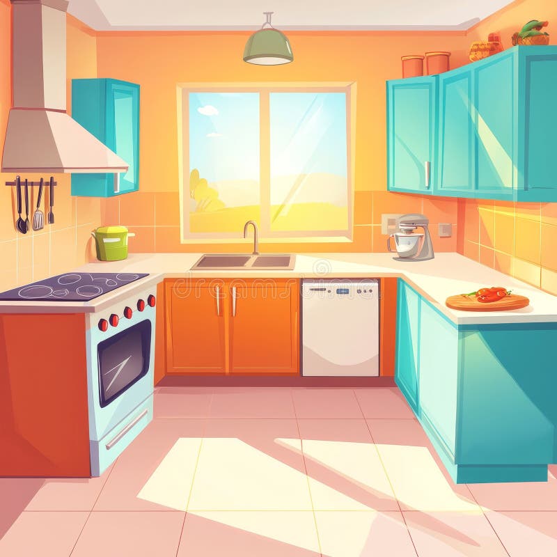 Kitchen Interior. Vector Illustration in Cartoon Style. Bright Colors ...