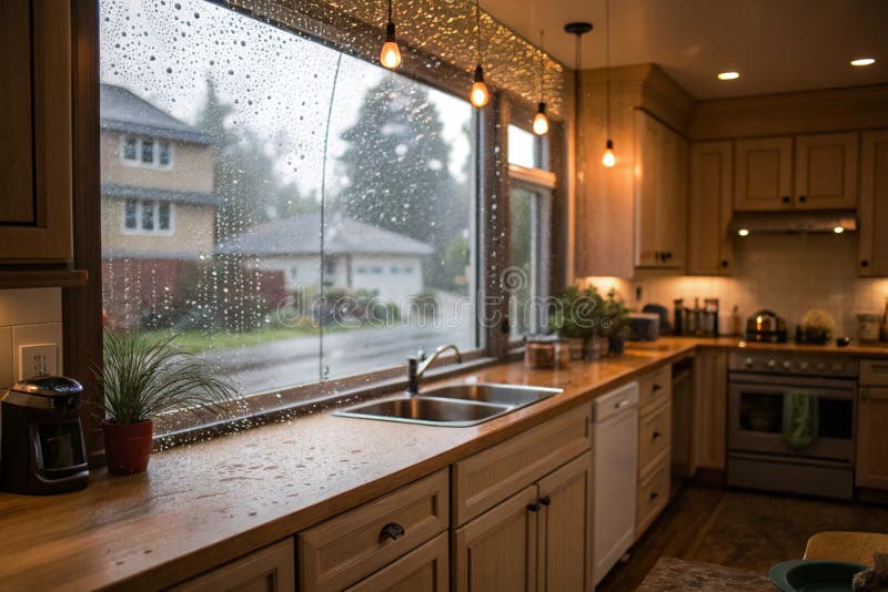 Kitchen Interior View on Rainy Day through Window Stock Illustration ...