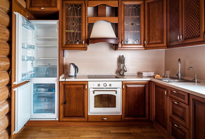 Kitchen Interior with Wooden Furniture Stock Image - Image of indoor ...