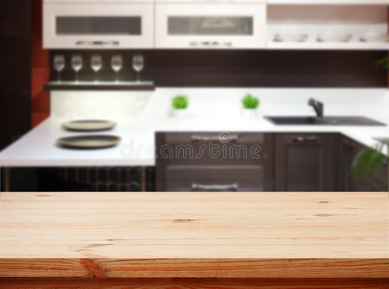 Kitchen Interior Wooden Table Stock Image - Image of horizontally ...