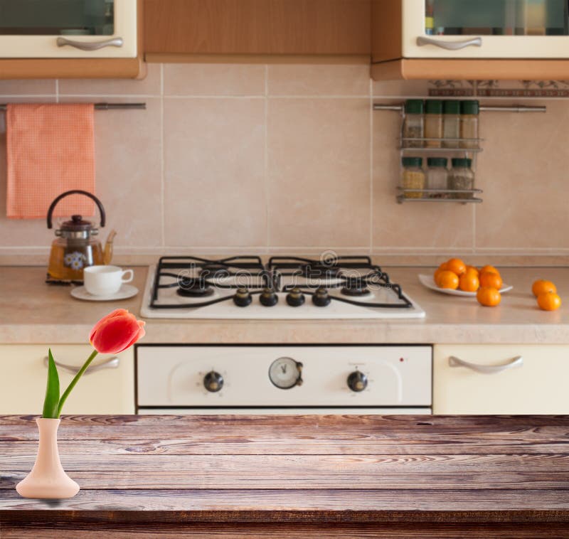 Kitchen Interior Wooden Table Stock Image - Image of cooking, room ...