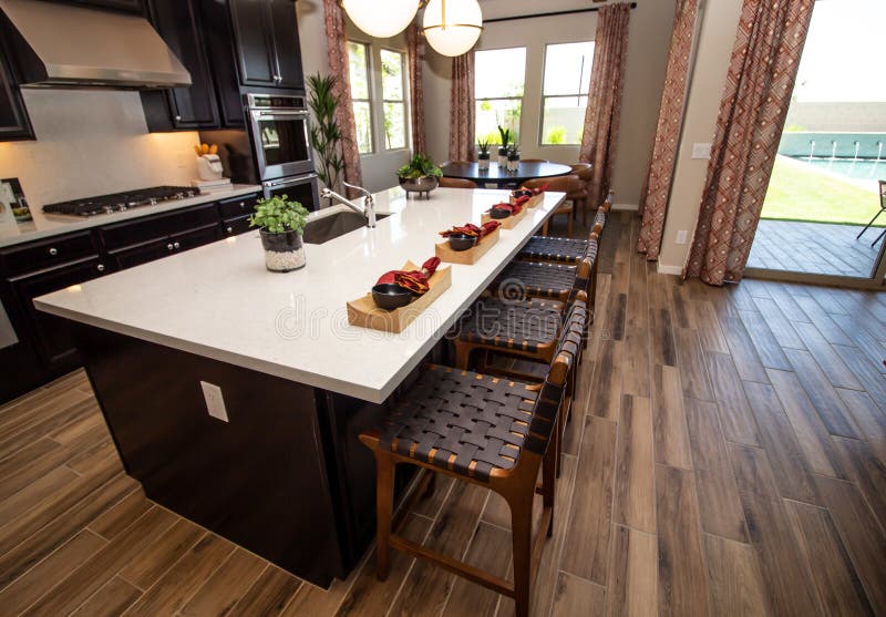 Kitchen Island Counter Bar with Four Stools Stock Photo - Image of ...