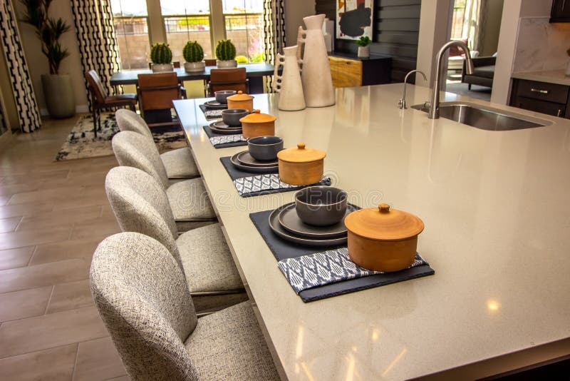 Kitchen Island Counter Top with Four Place Settings Stock Image - Image ...