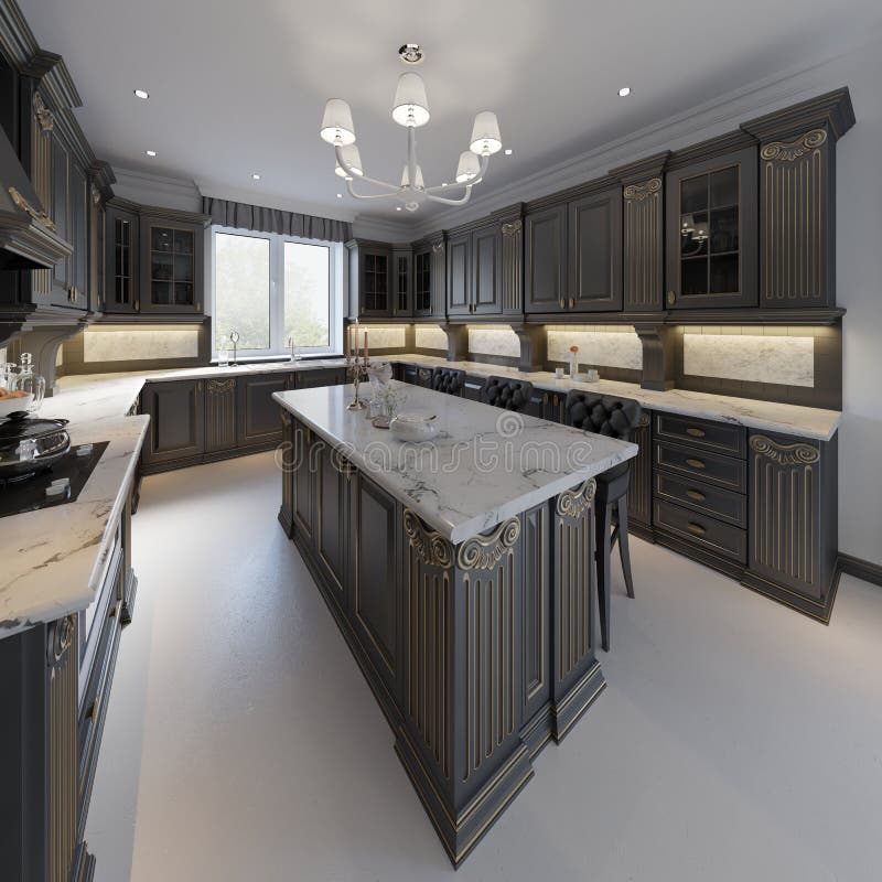 Kitchen Island Details and Bar Chairs Stock Illustration - Illustration ...