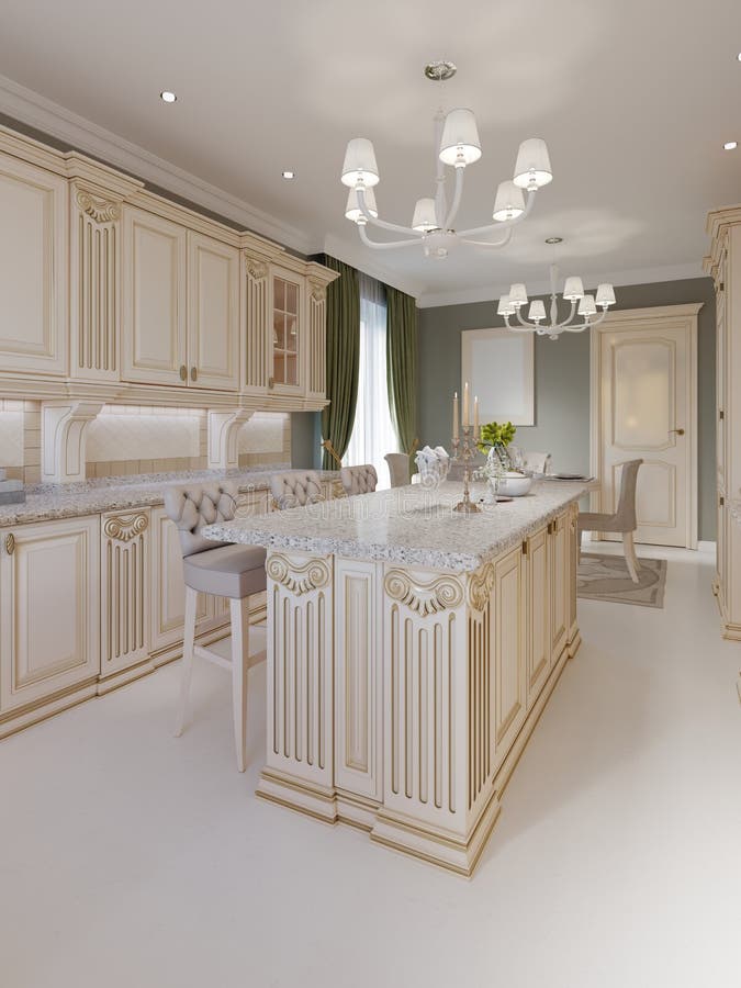 Kitchen Island in a Luxurious Classic Style Kitchen Stock Illustration ...