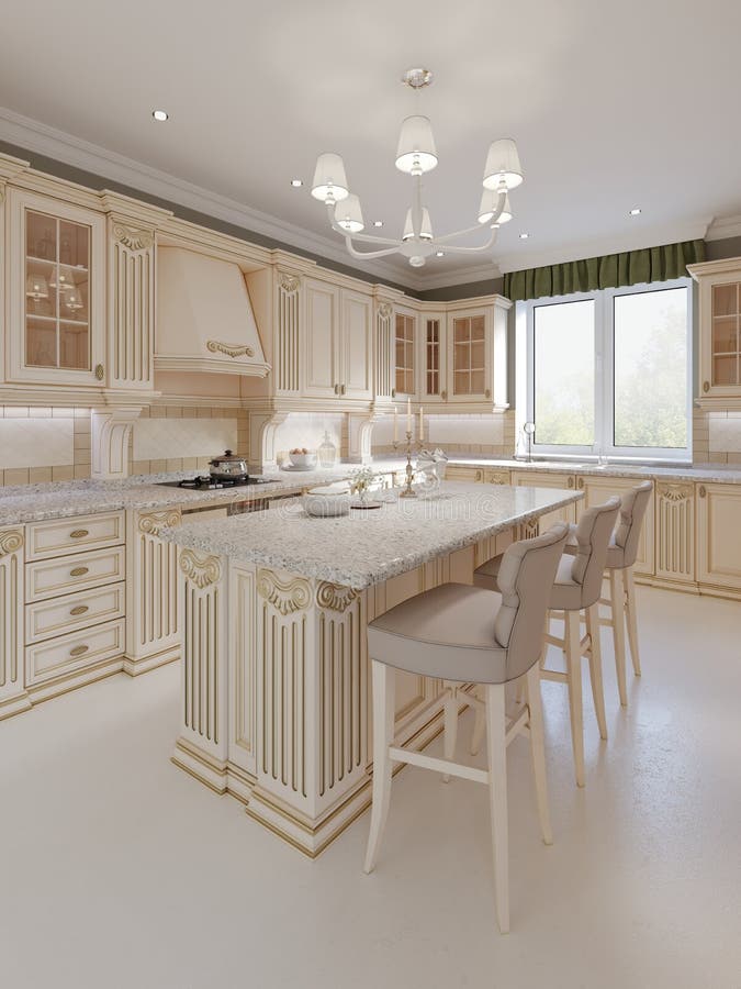 Kitchen Island in a Luxurious Classic Style Kitchen Stock Illustration ...