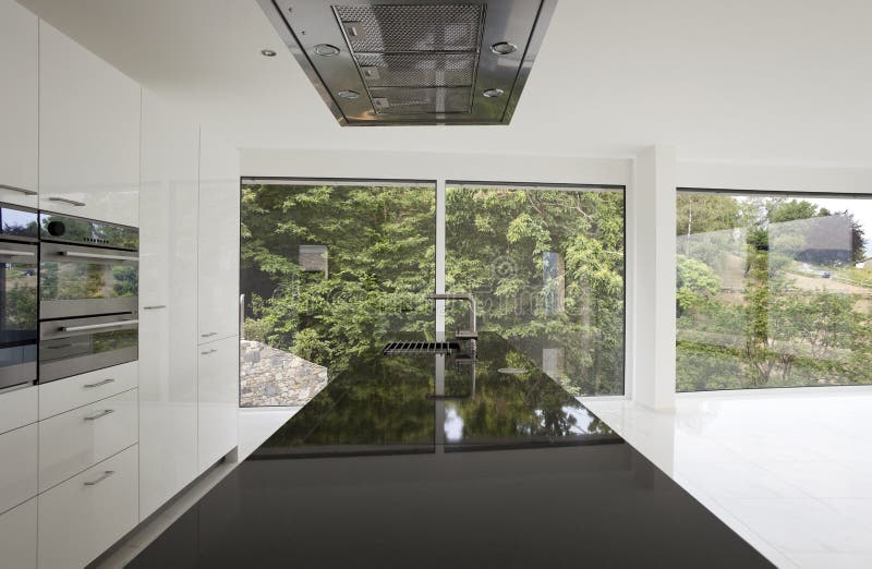 Kitchen Island with Panoramic Windows Stock Photo - Image of marble ...