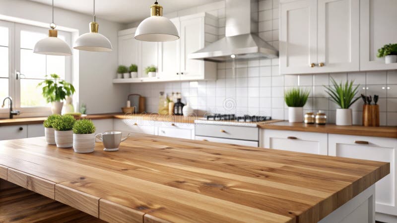 Kitchen Island Perspective Light Wood Counter, White Cabinets, Plants ...