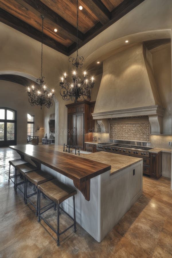 A Kitchen Island with a Rustic Design, a Large Chandelier, and a Stone ...