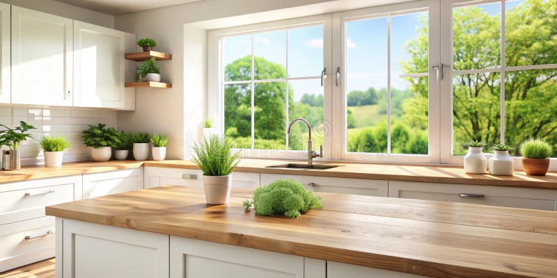 Kitchen Island Wood Counter, Plants, Sunny View Stock Illustration ...
