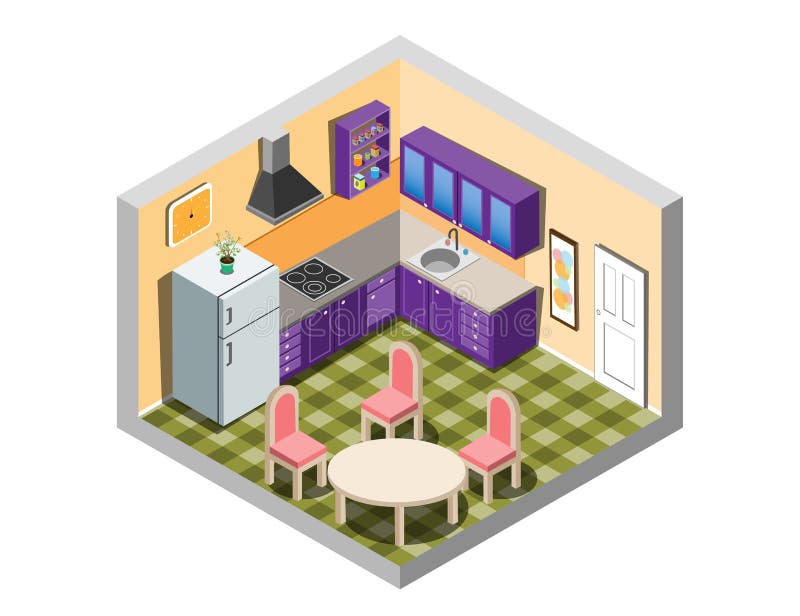 Kitchen Isometric with Furniture Stock Vector - Illustration of icon ...